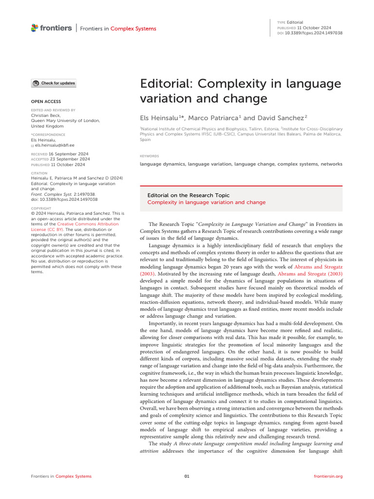 Editorial Complexity in Language Variation and Cha | PDF | Linguistics | Syntax