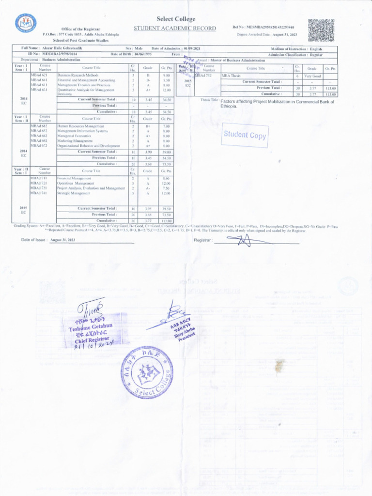 Masters Transcript | PDF