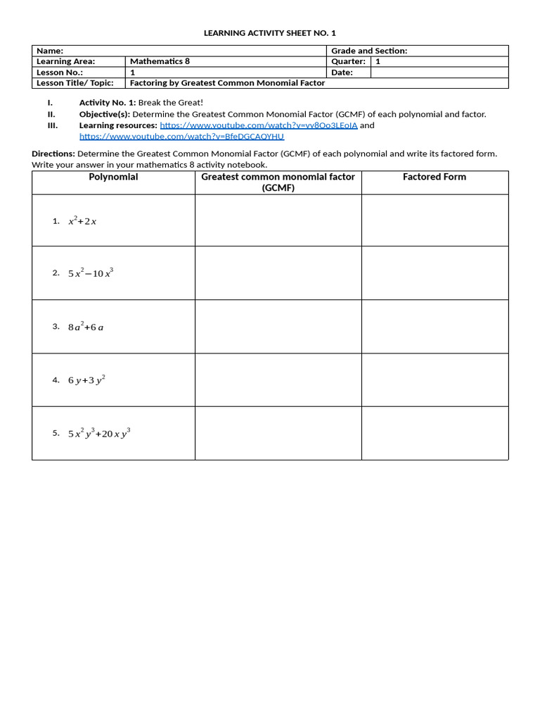 LEARNING ACTIVITY SHEET NO 1_math8 | PDF