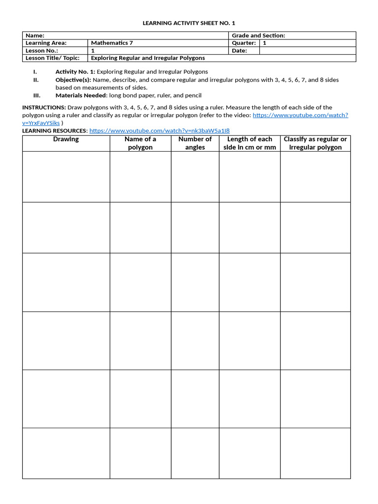 LEARNING ACTIVITY SHEET NO 1 - Math7 | PDF | Foreign Language Studies