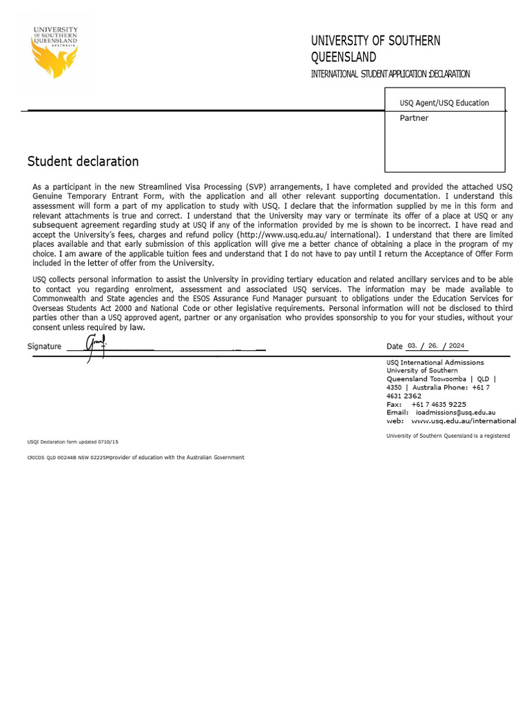 USQ_Student declaration form_v0 1_KB15102015 | PDF
