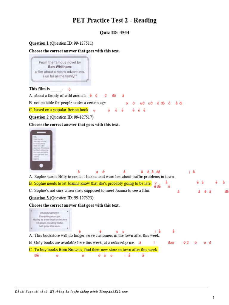 PET Practice Test 2 - Reading: Choose The Correct Answer That Goes With ...