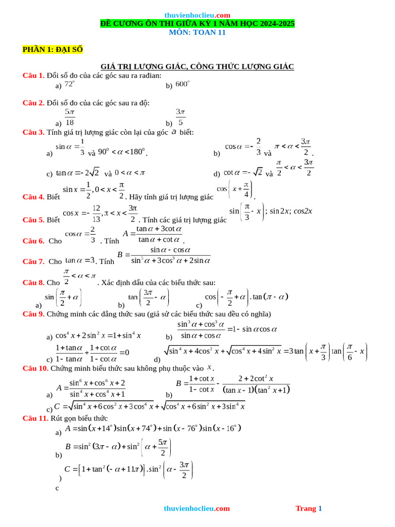 De On Cuong Tap Giua HK1 Toan 11 KNTT 24 25 | PDF