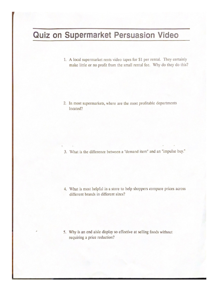 Quiz On Supermarket Persuasion Video | PDF | Law