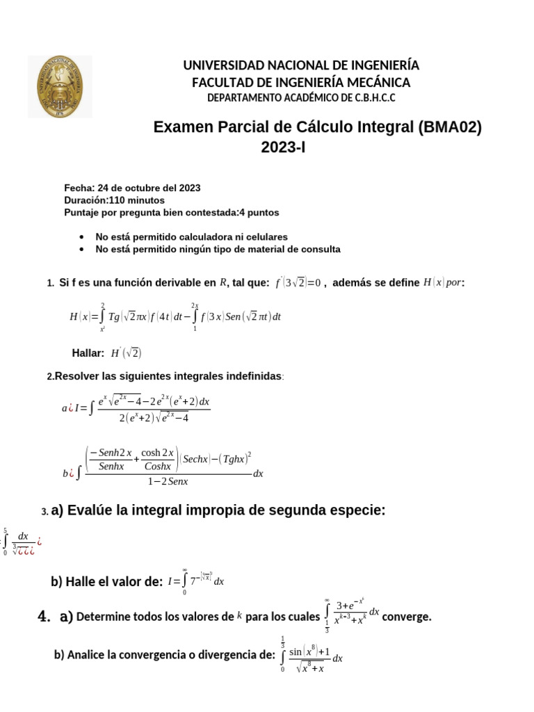 Examen Parcial de Cálculo Integral 2023-I | PDF | Integral | Álgebra