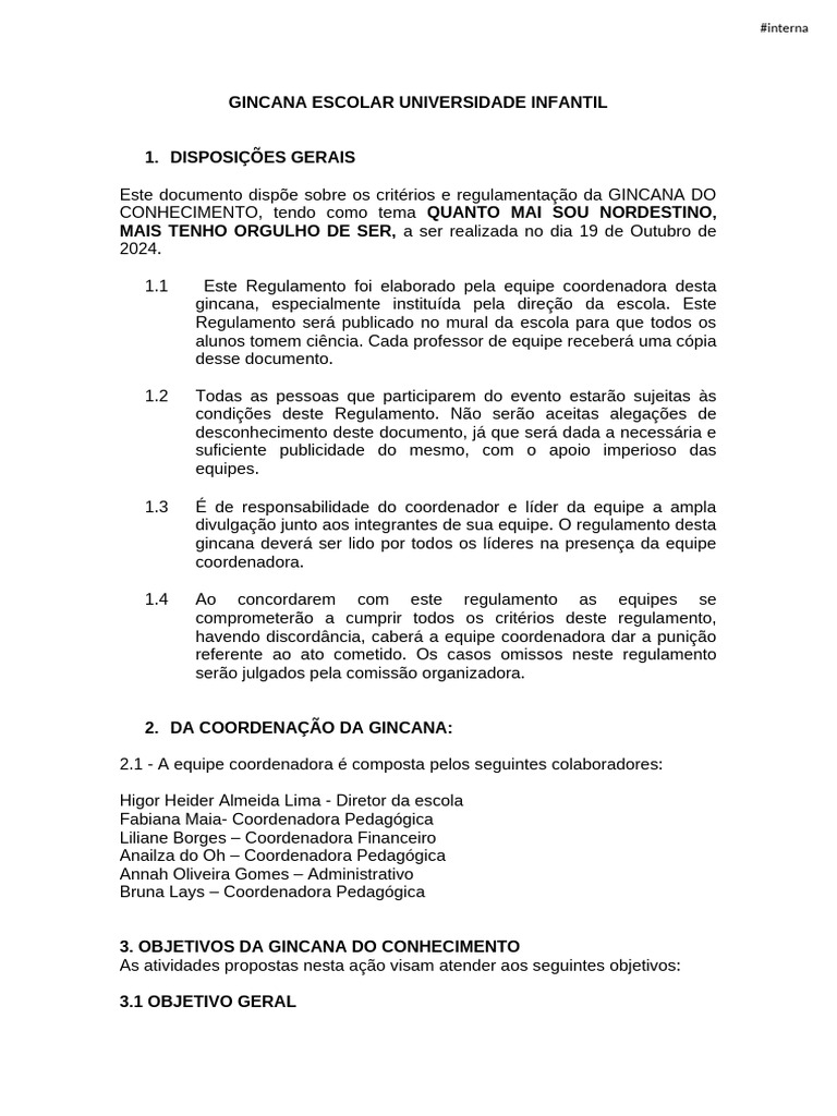 GINCANA ESCOLAR 2024 | PDF | Pedagogia | Aprendizado