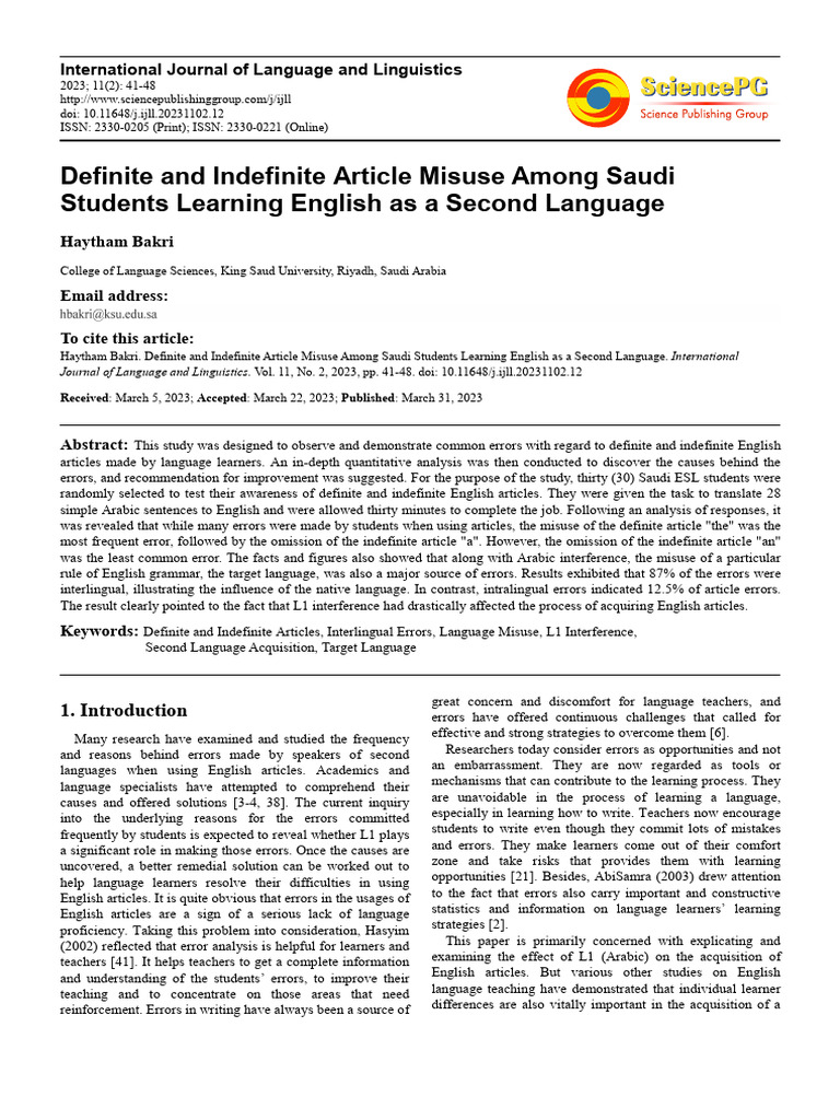 Definite and Indefinite Article Misuse Among Saudi | PDF | Second ...