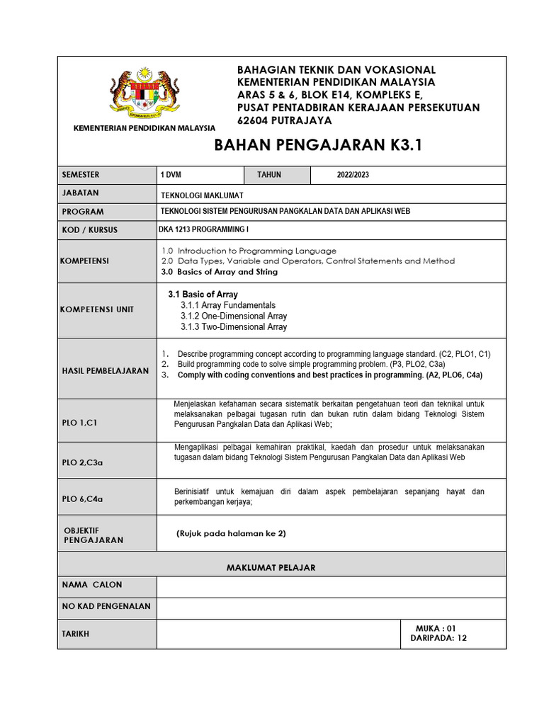 K3 1 Basic of Array | PDF