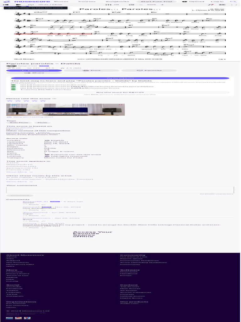 Paroles Paroles - Dalida Sheet Music For Flute (Solo) | PDF