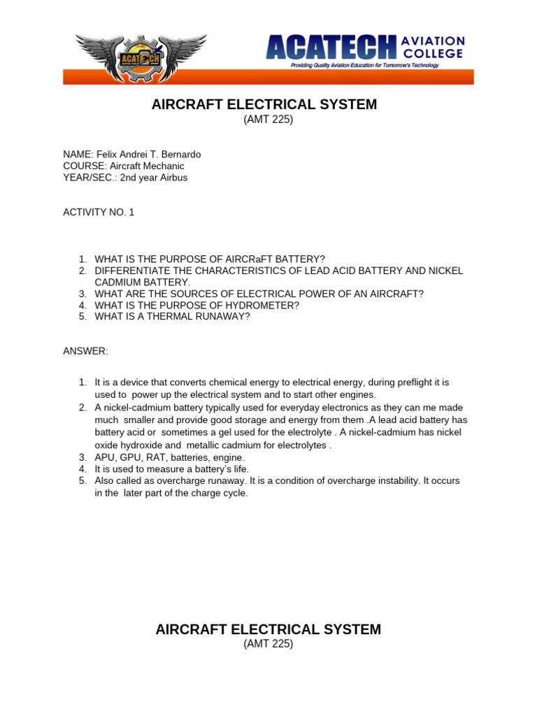 Aircraft Electrical System Amt225 Act.1 | PDF | Amplifier | Electricity