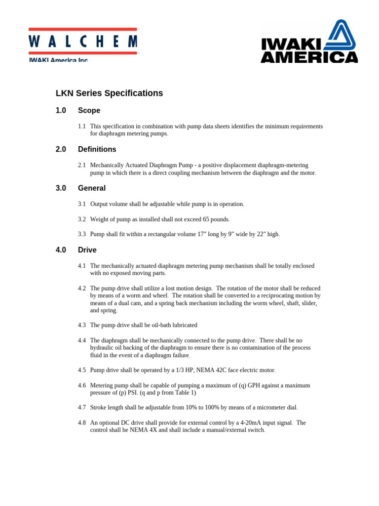 Walchem LK Diaphragm Metering Pump A&E Specifications | PDF | Pump ...