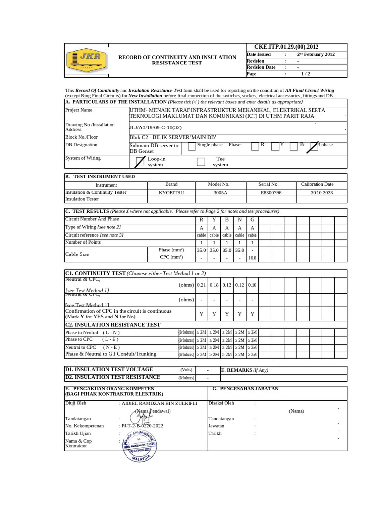 IR test | PDF | Electrical Wiring | Electrical Resistance And Conductance