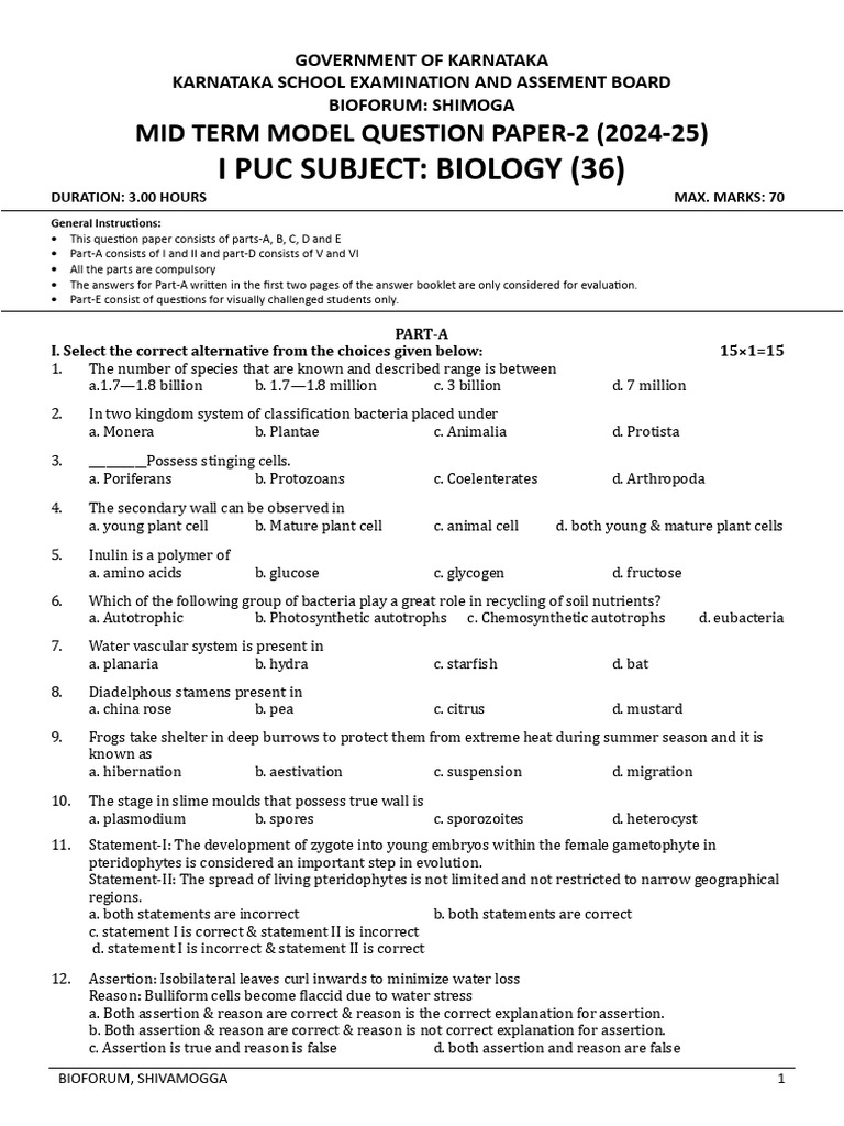 1st PUC Biology Midterm Model Paper 2024 | PDF | Cell (Biology) | Cell Membrane