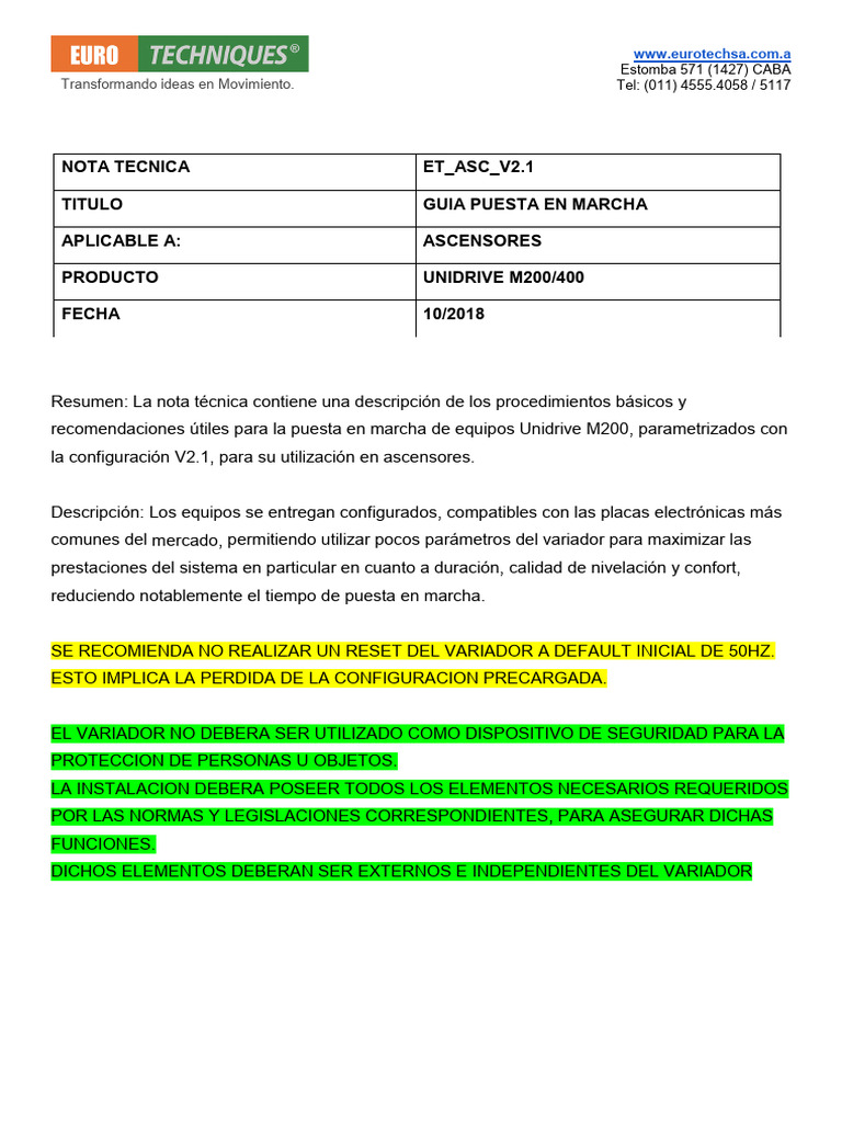 Puesta en Marcha VVVF EMERSON | PDF | Ascensor | Resistencia Eléctrica y Conductancia