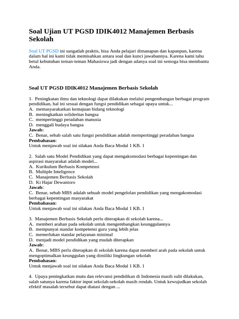Soal Ujian UT PGSD IDIK4012 Manajemen Berbasis Sekolah | PDF