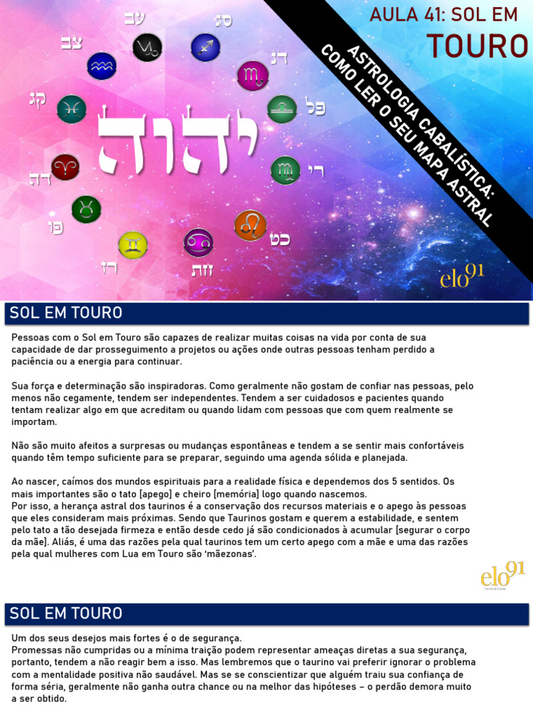 Astrologia Cabalistica Aula 41 - Sol em Touro | PDF | Vida | Sol