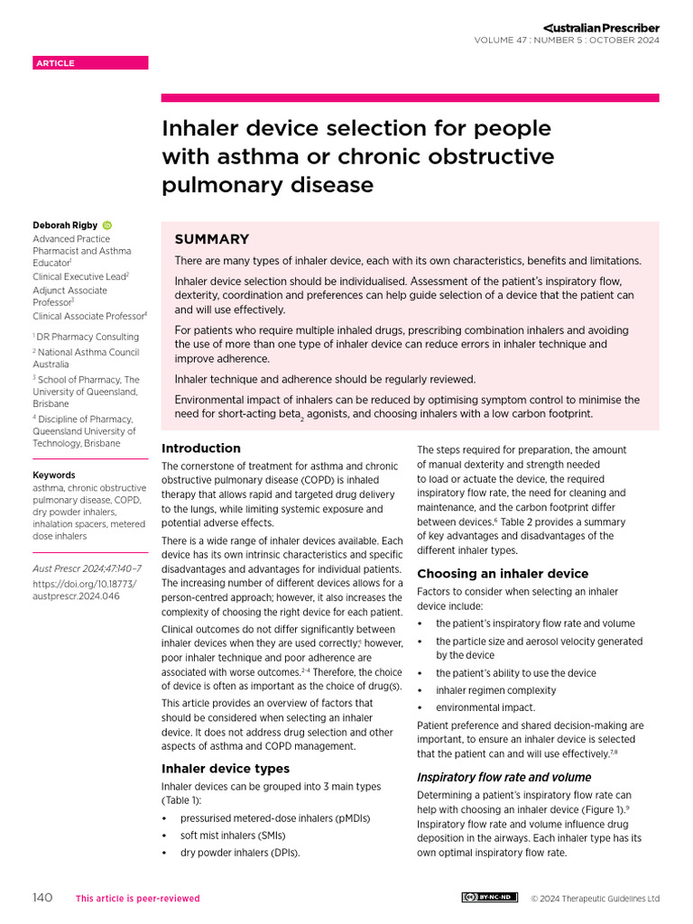 Inhaler Device Selection For People With Asthma or Chronic Obstructive Pulmonary Disease | PDF ...
