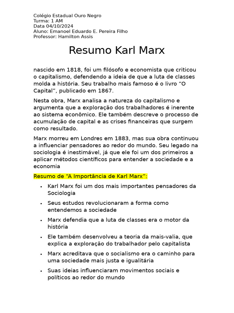 Resumo sobre Karl Marx e suas Teorias | PDF | Filosofia | História