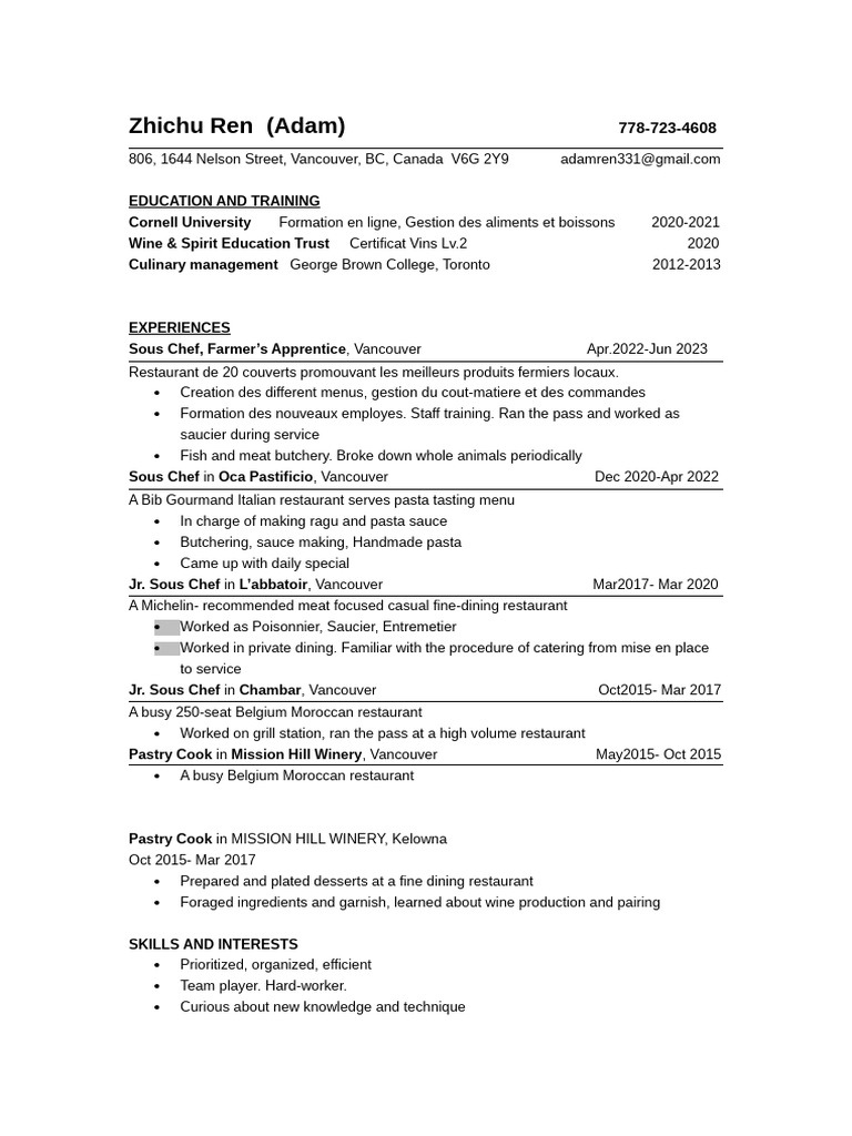 Zhichu Ren CV fr1 | PDF | Restaurants | Chef