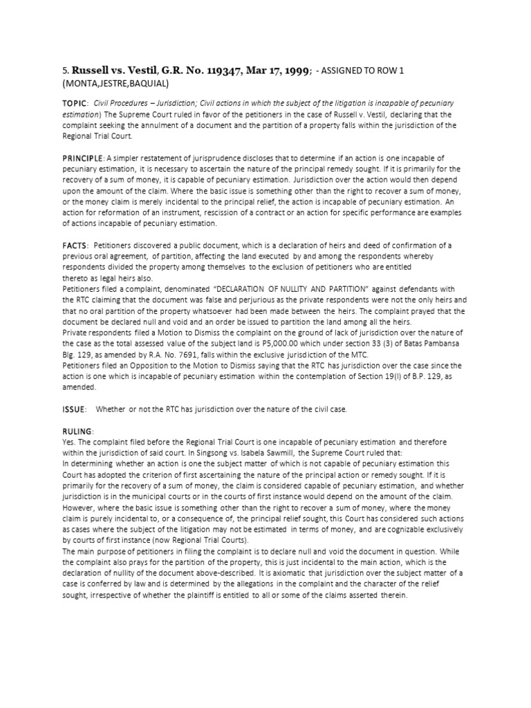 Case Digest-Actions Incapable of Pecuniary Estimation | PDF | Complaint ...