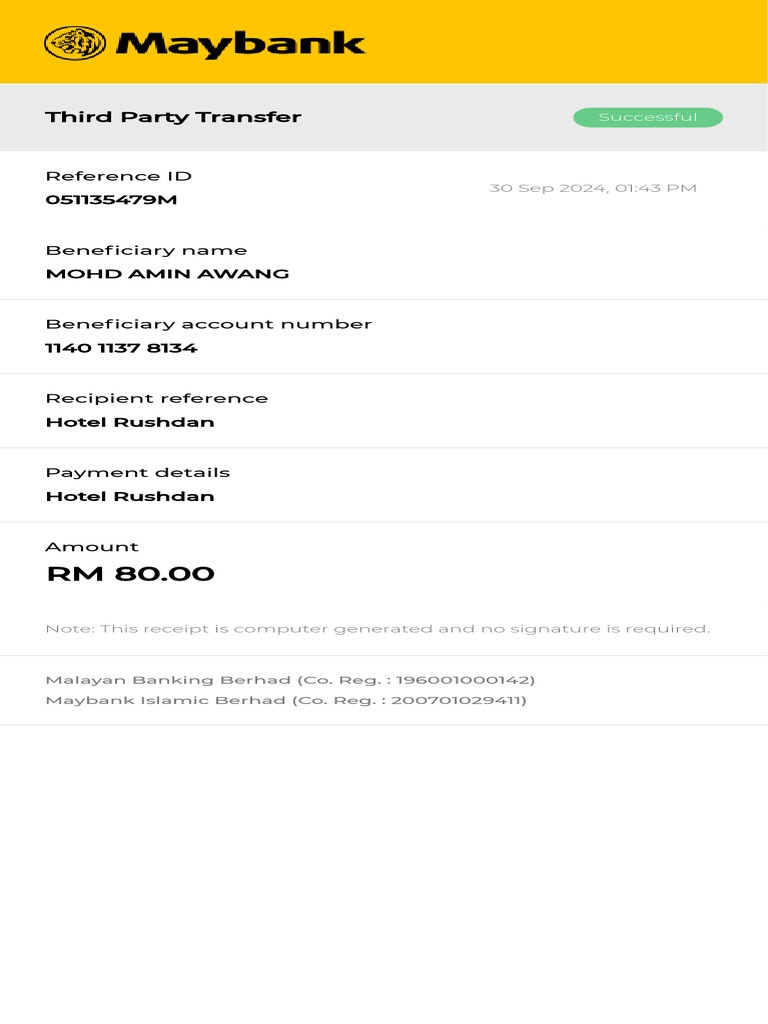 Third Party Transfer Receipt - RM 80.00 | PDF