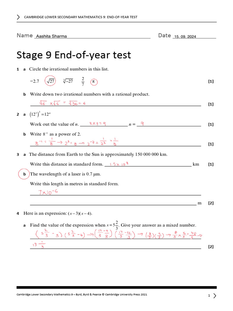End of Year Test | PDF | Mathematics
