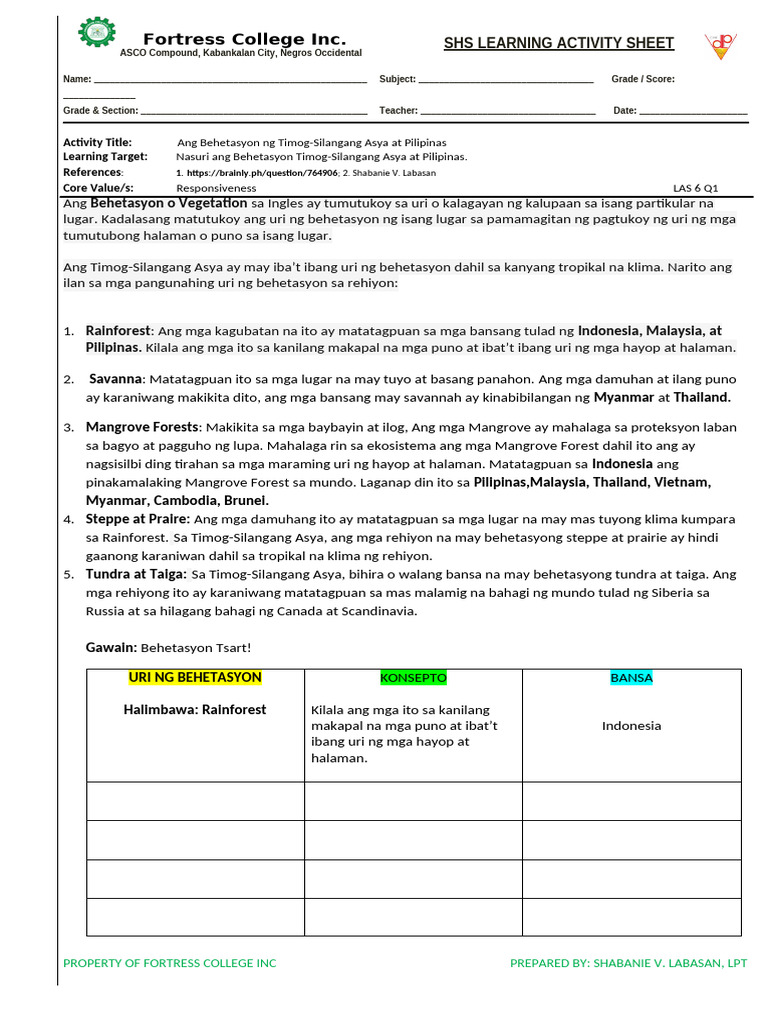 Fortress College Inc.: Behetasyon o Vegetation | PDF
