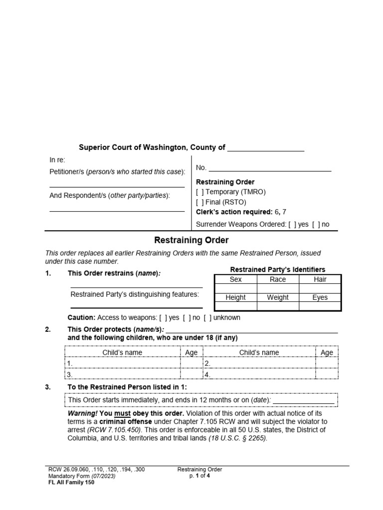 FL All Family 150 Restraining Order - 2023 - 07 | PDF | Restraining ...