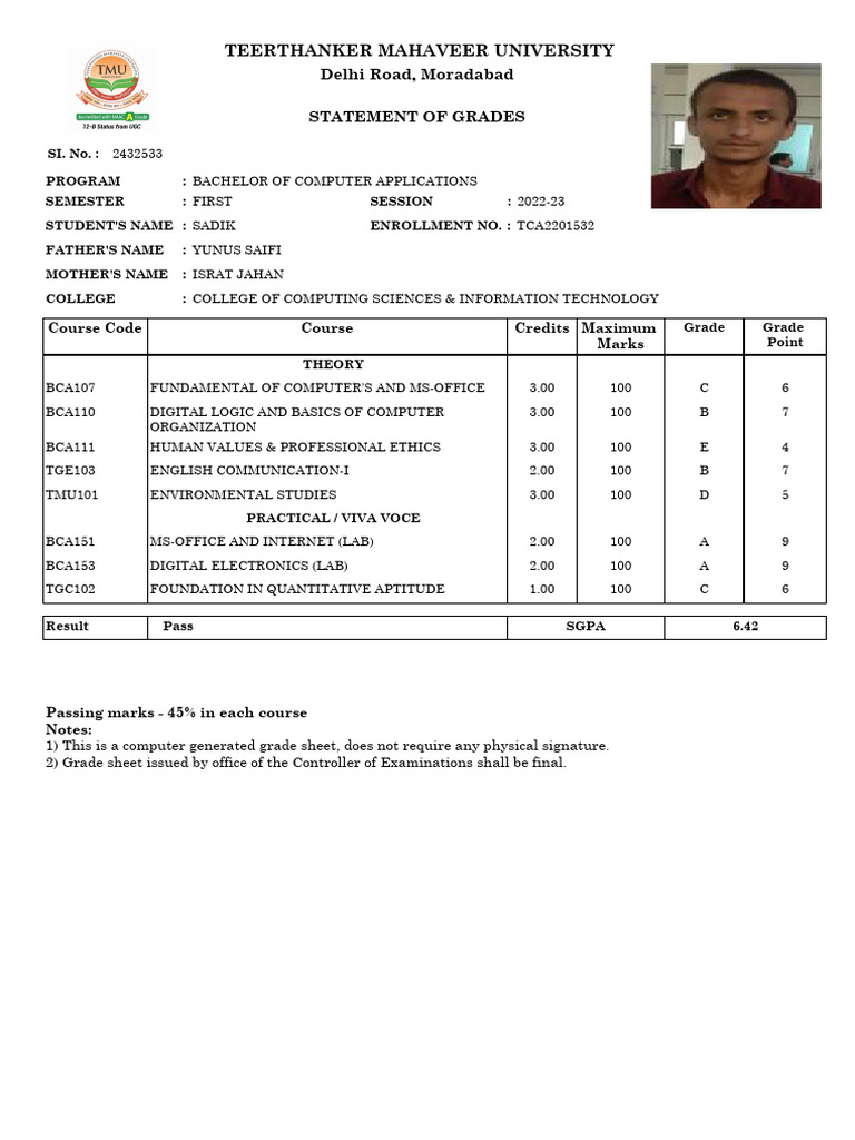 BCA First Semester Grade Sheet | PDF | Technology & Engineering