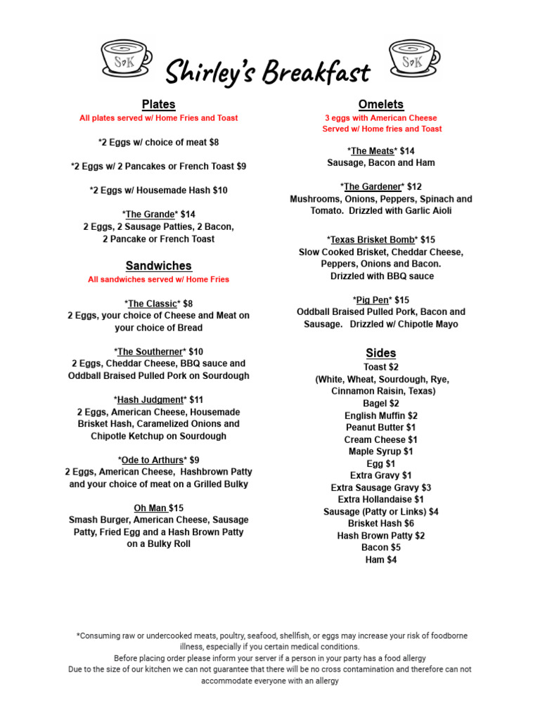 Shirleys Menu | PDF | Sausage | Pancake