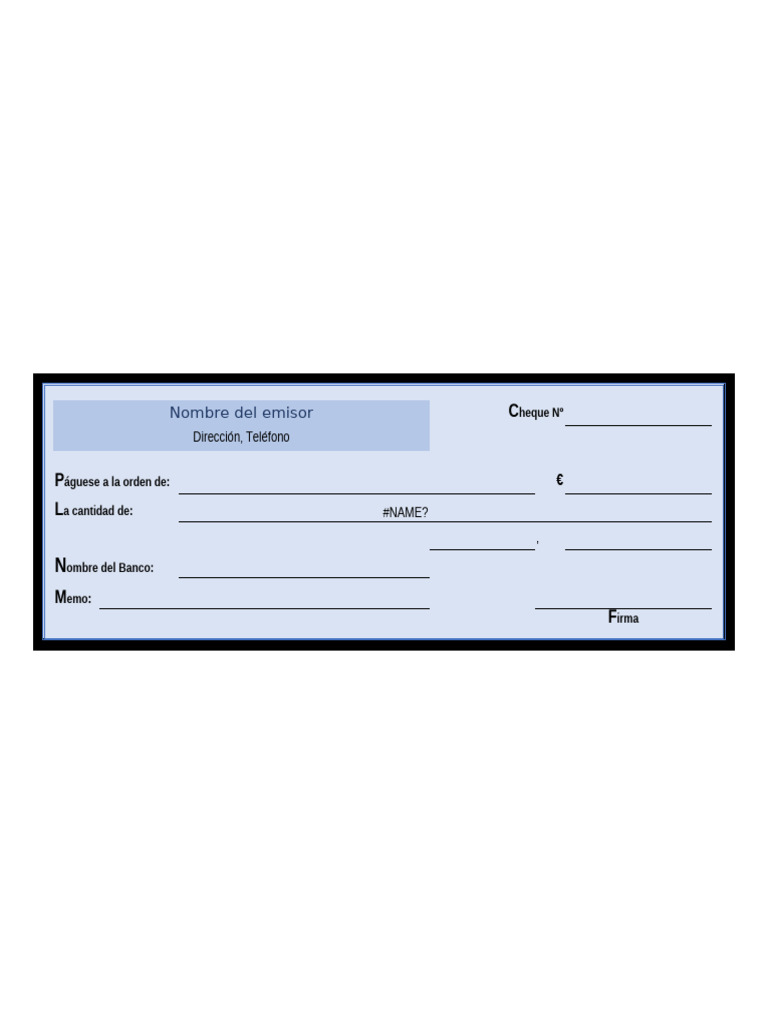 Plantilla de Cheque Rellenable en Excel | PDF
