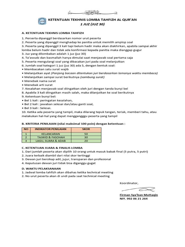 Juknis Cabang Tahfizh Catur Lomba | PDF