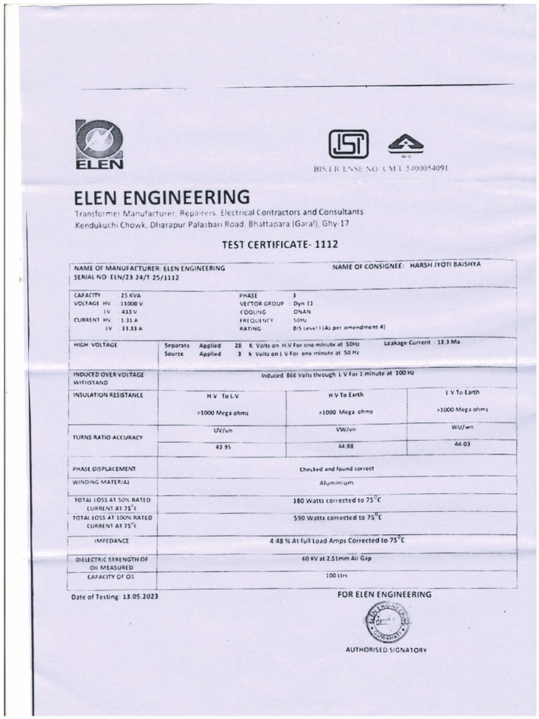 Jica 25 Kva Transformer Test Report | PDF