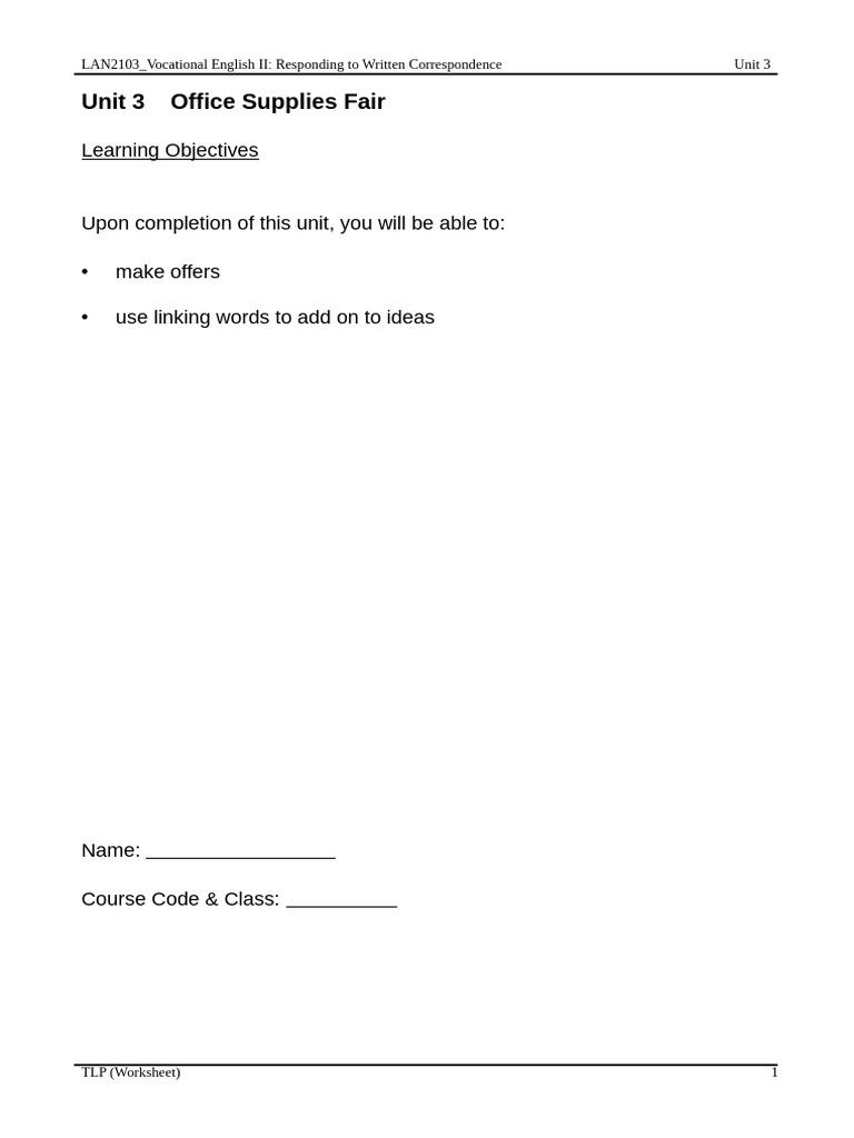 LAN2103 Vocational English II Responding To Written Correspondence TLP U3 WS | PDF | Verb ...