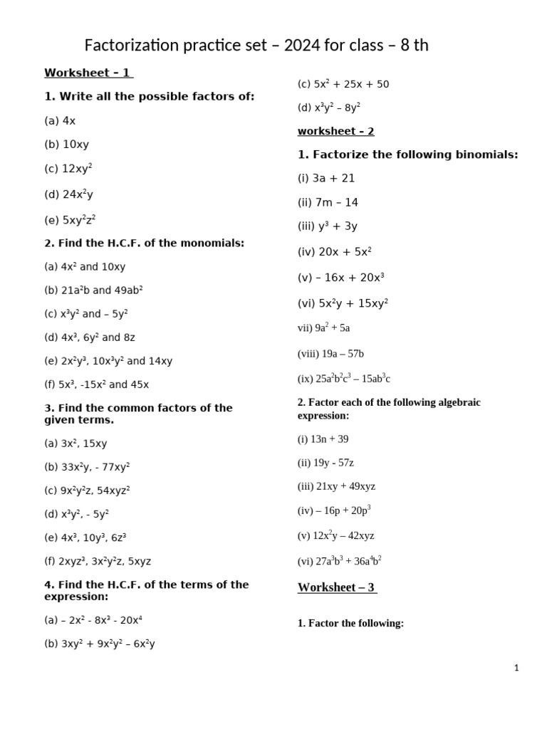 Factorization Worksheets For Class 8 Pdf Factorization Abstract