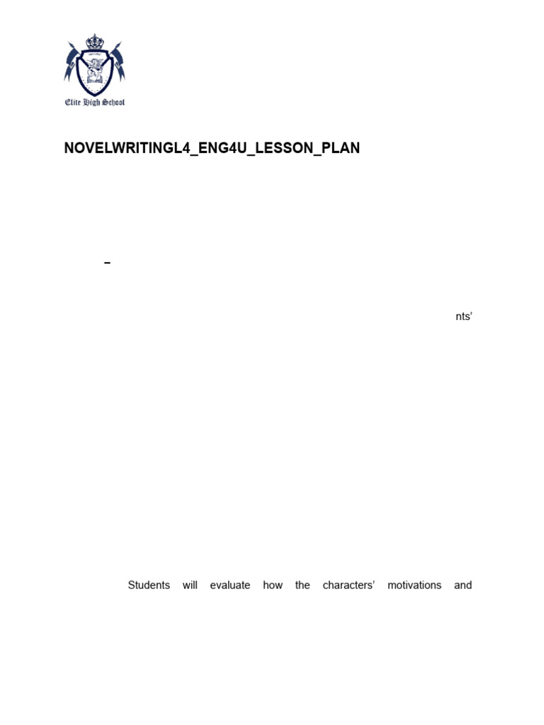 Novel Writing L4 - ENG4U - LESSON - PLAN | PDF | Narrative | Critical ...