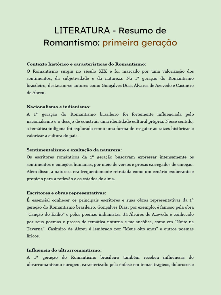 Romantismo Brasileiro: 1ª Geração e Indianismo | PDF | Romantismo