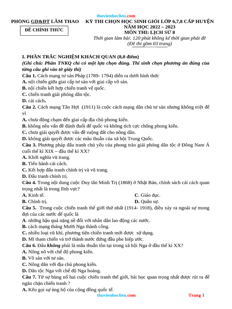 De Thi HSG Lich Su 8 Huyen Lam Thao 22 23 | PDF