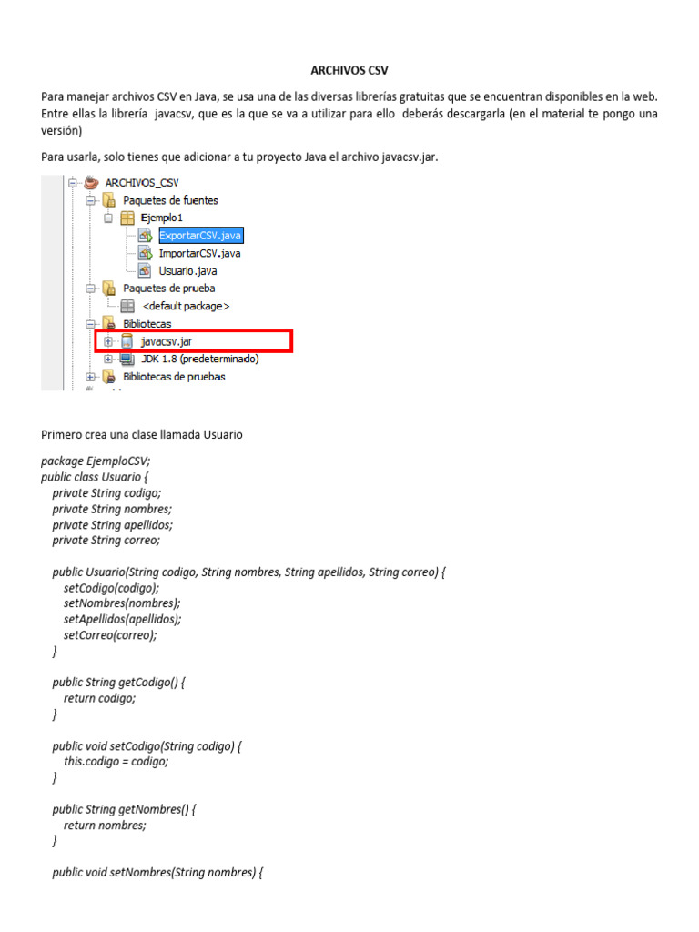 Manejo de CSV en Java con javacsv | PDF | Java (lenguaje de programación) | Informática