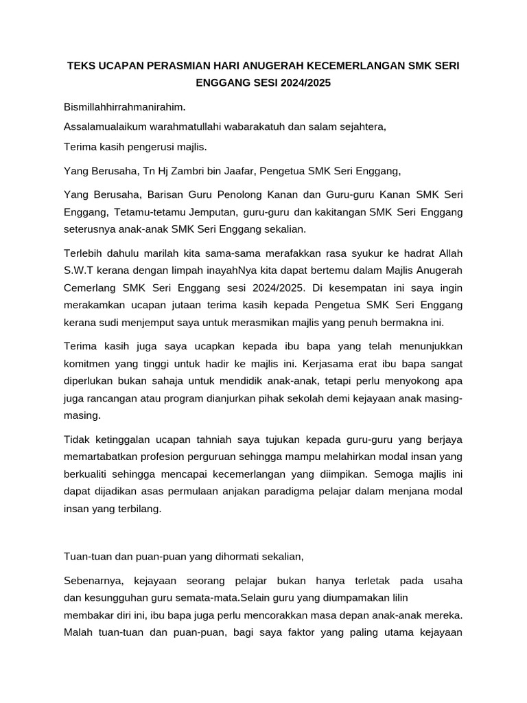 Teks Ucapan Perasmian Hari Anugerah Cemerlang 2024 | PDF | Karier ...