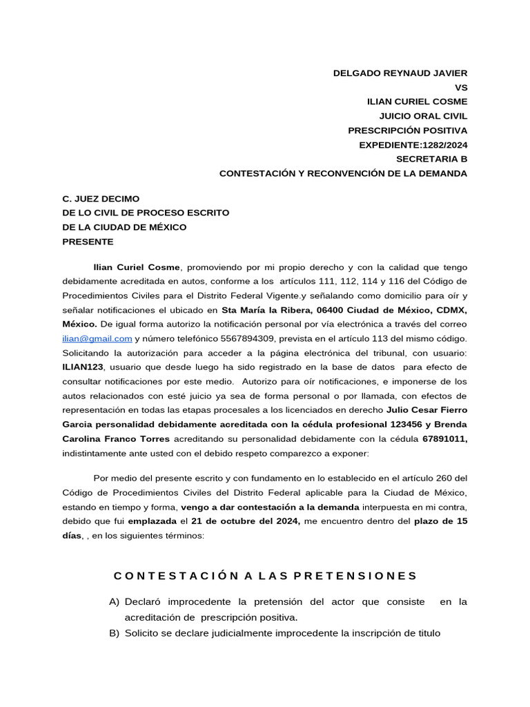 Ejemplo de Contestación A La Demanda Con Reconvención | PDF | Posesión ...