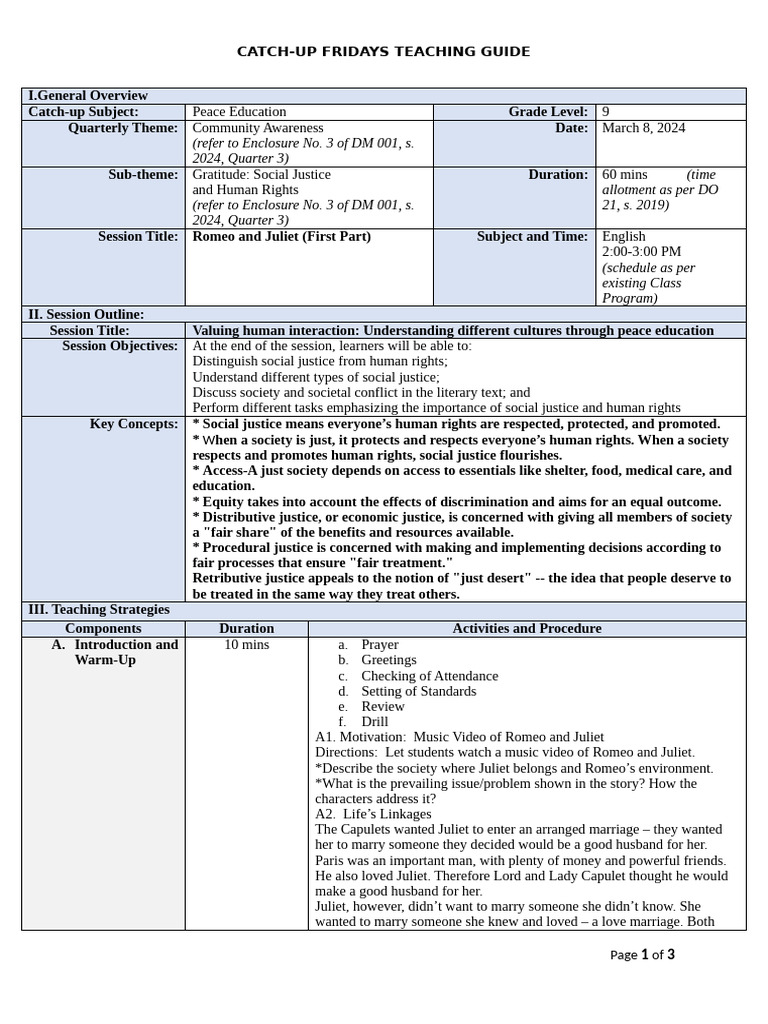 Teaching-Guide-Catchup-Values-English 9W5 | PDF | Characters In Romeo And Juliet | Justice
