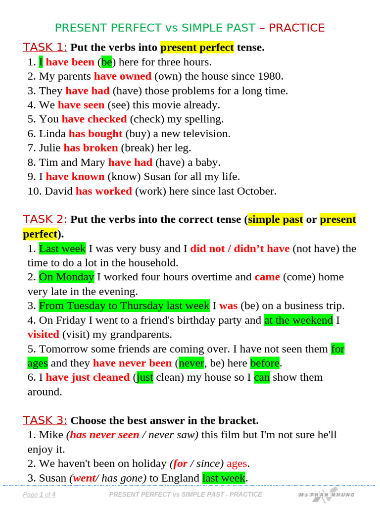 PRESENT PERFECT - SIMPLE PAST - PRACTICE - keys | PDF | Linguistics