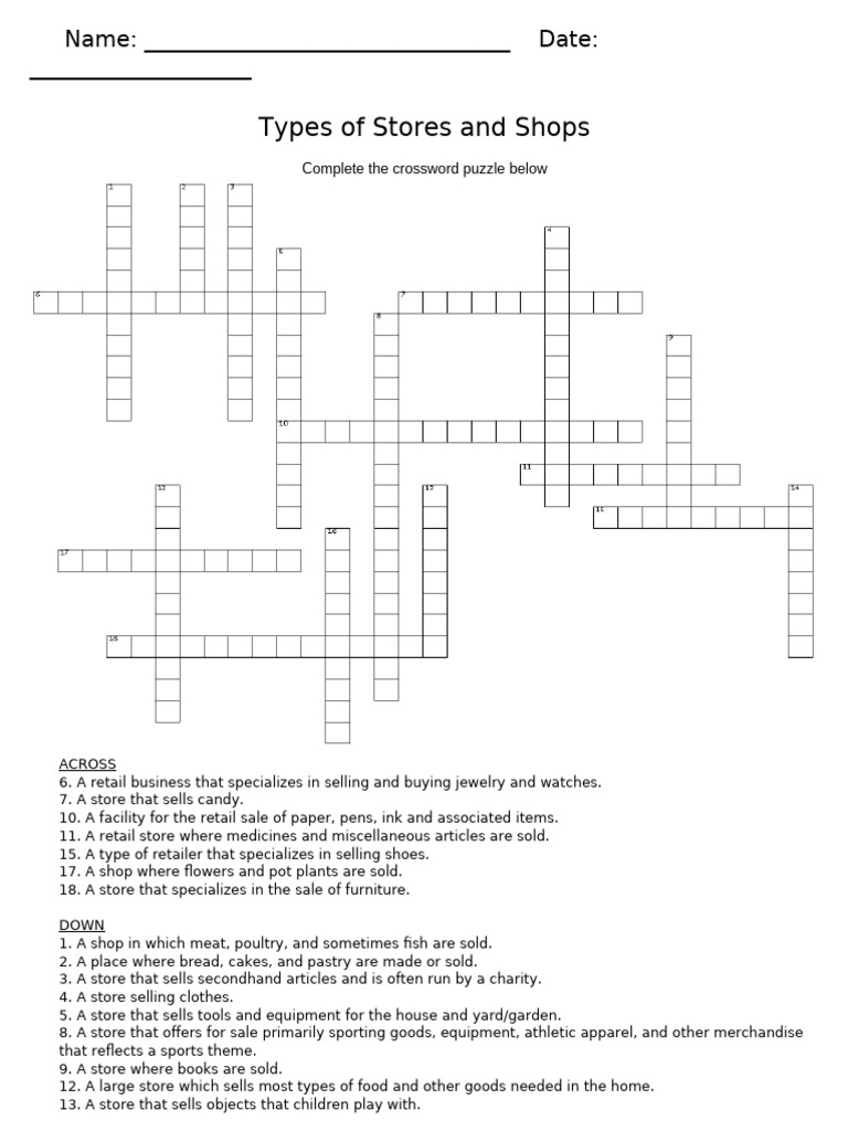 Types of Stores and Shops Crosswords - 145554 | PDF | Home & Garden