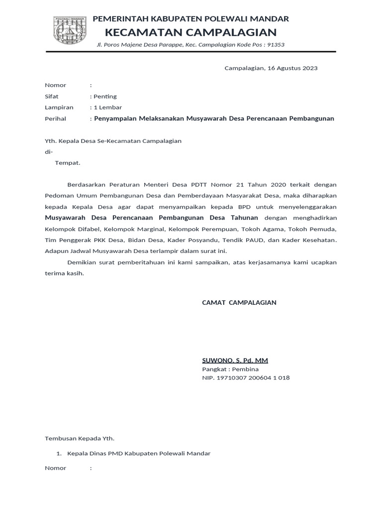 Surat Penyampaian Musdes RKPDesa | PDF