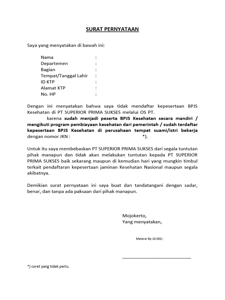 Format Surat Pernyataan Tidak Bersedia Didaftarkan BPJS Kesehatan | PDF