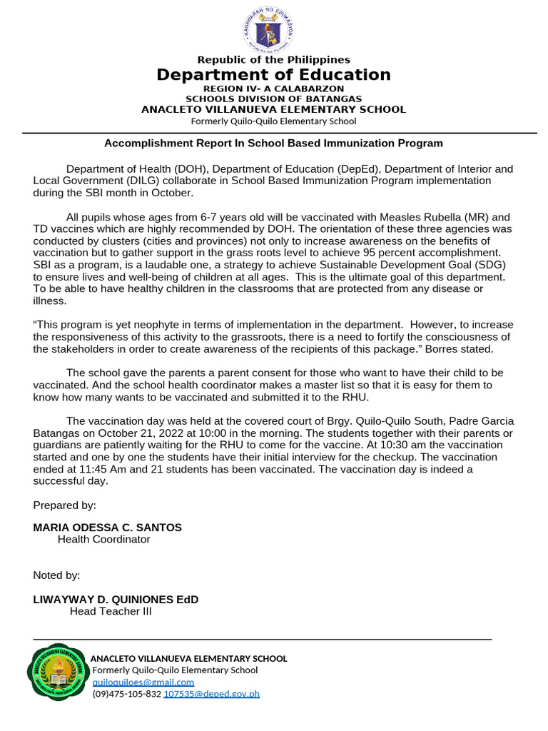 School-Based Immunization Accomplishments | PDF | Vaccines | Vaccination