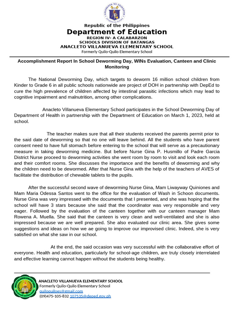 Second Deworming Narrative Report | PDF | Clinical Medicine | Medical ...