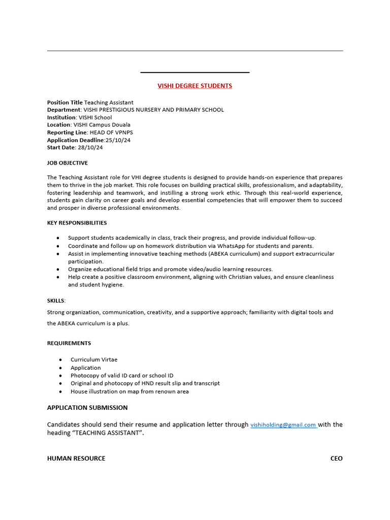 Vacancy Announcement (TEACHING ASSISTANT) | PDF | Career & Growth