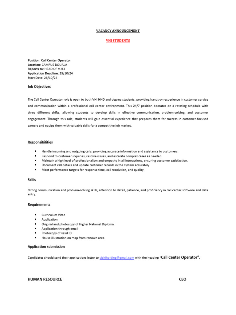Call Center Operator Vacancy for VHI Students | PDF